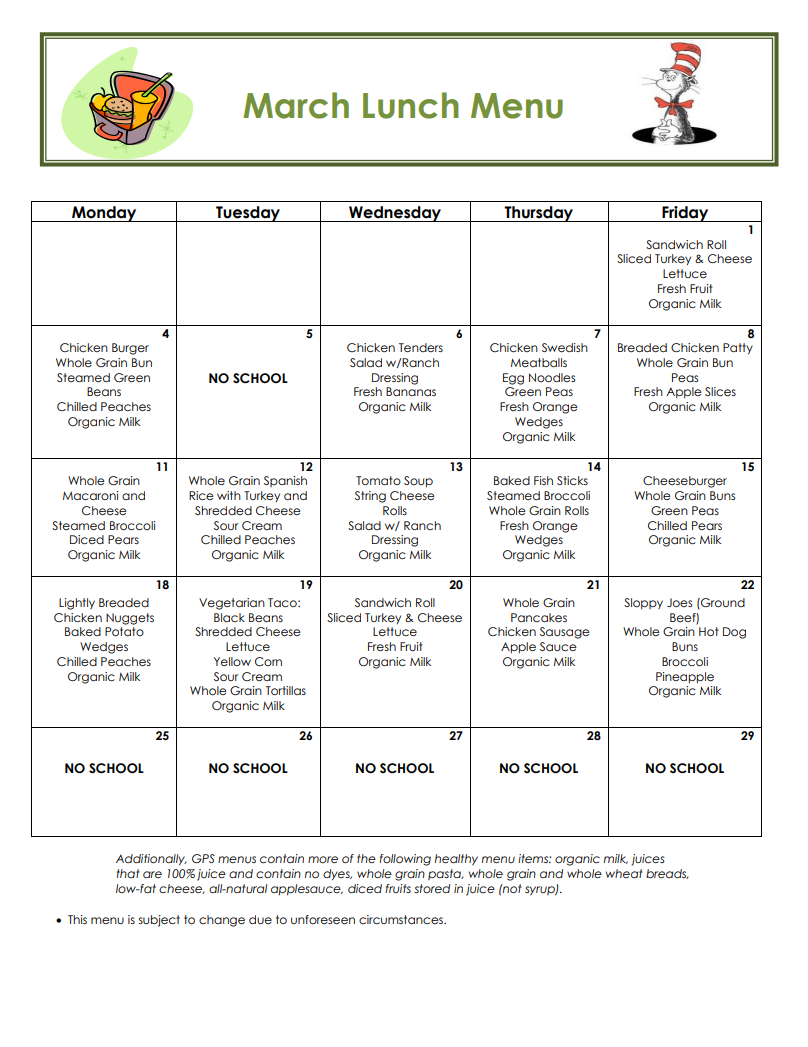 Menus | Golden Pond School | Preschool & Kindergarten
