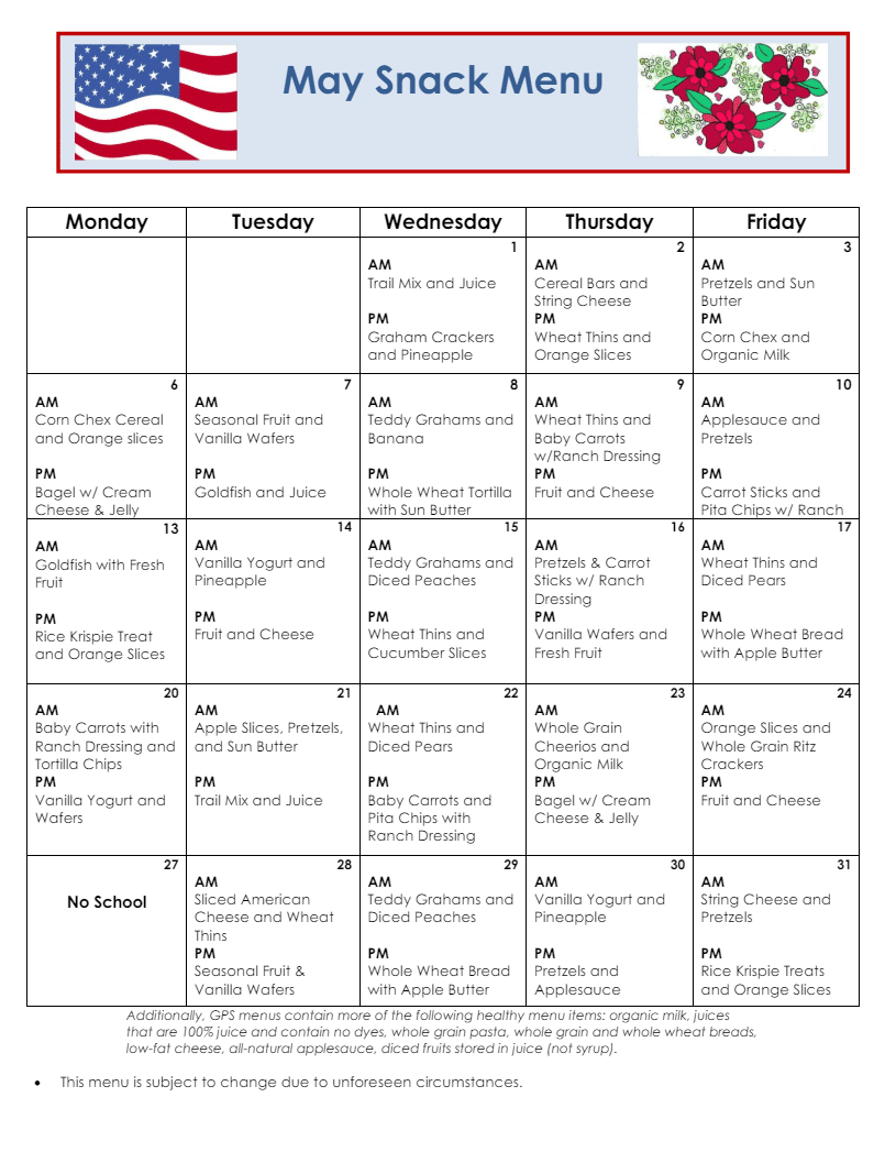 Menus | Golden Pond School | Preschool & Kindergarten