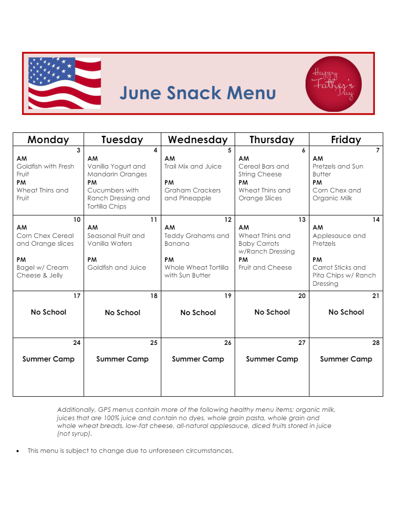 Menus | Golden Pond School | Preschool & Kindergarten